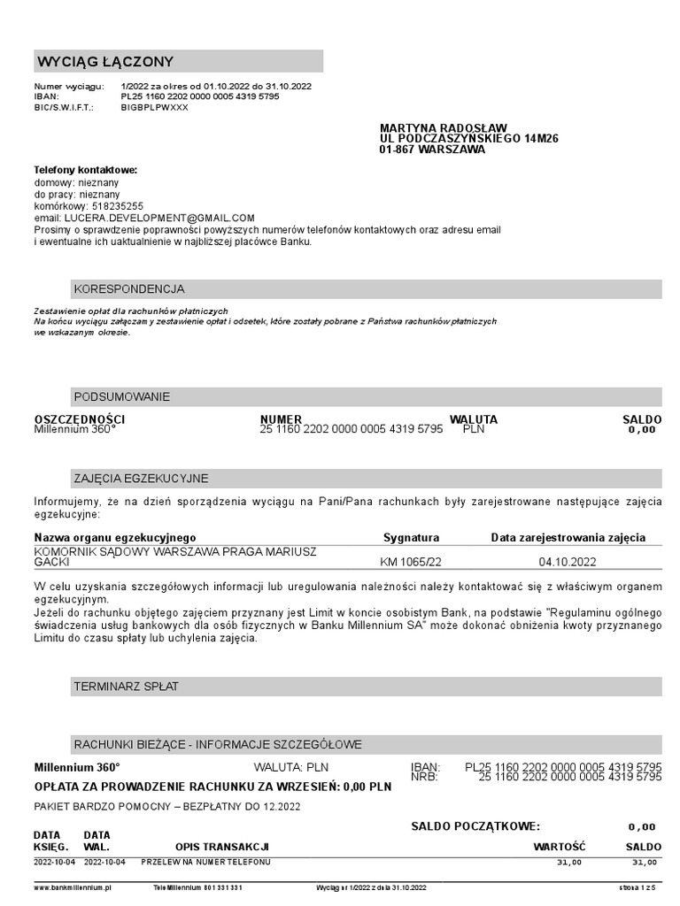 Wyciag Z Rachunku - Millennium | PDF