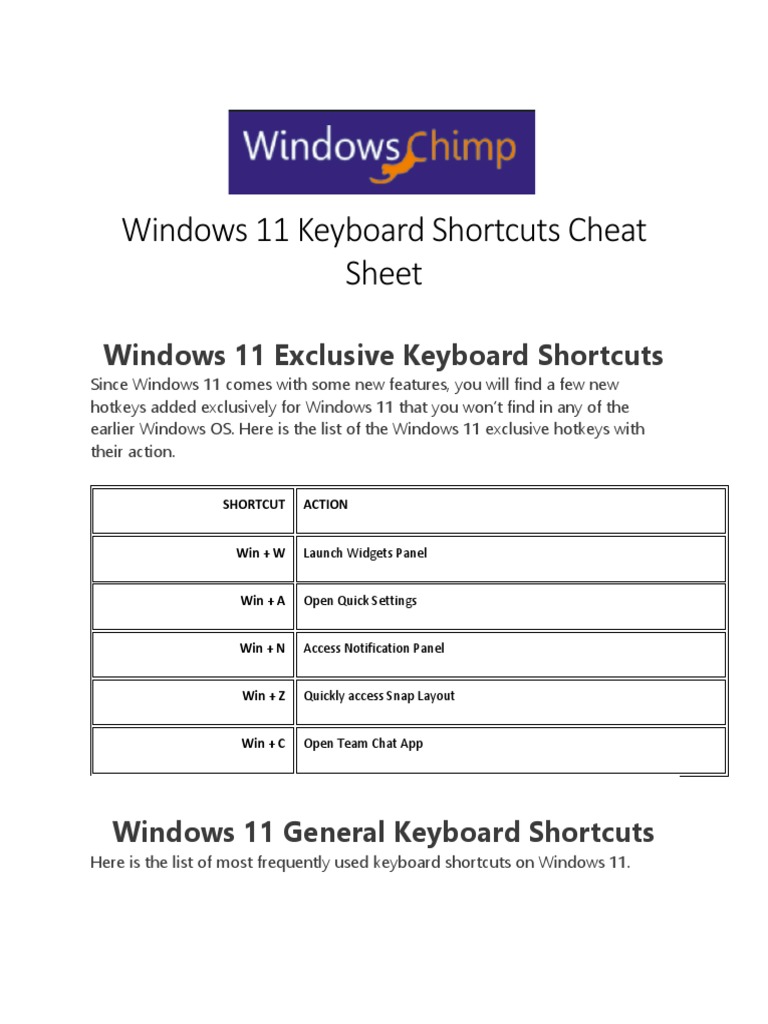Windows 11 Keyboard Shortcuts Cheat Sheet | PDF | Keyboard Shortcut ...