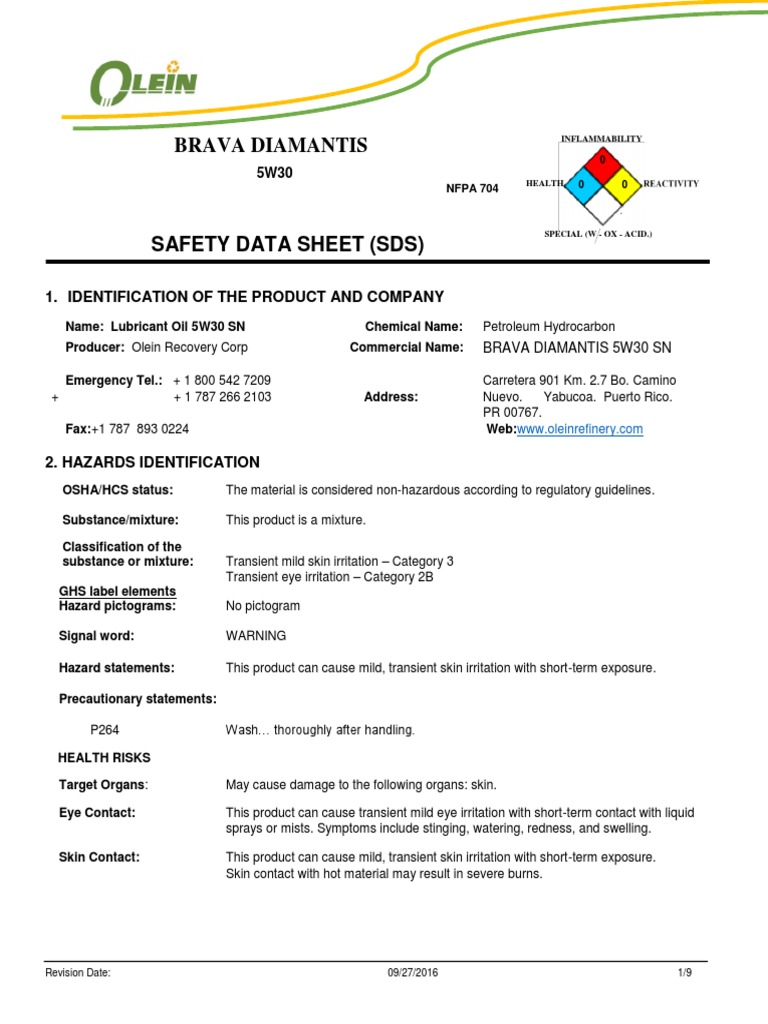 Understanding the Hazards: A Comprehensive Safety Data Sheet for BRAVA DIAMANTIS 5W30 SN ...