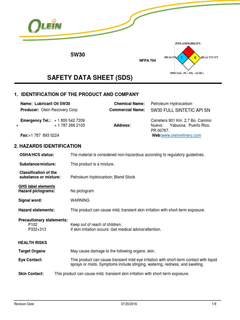 SDS - BRAVA 5W30 FULL SINTETIC API SN Rev07-2016 | PDF | Superfund | Dangerous Goods