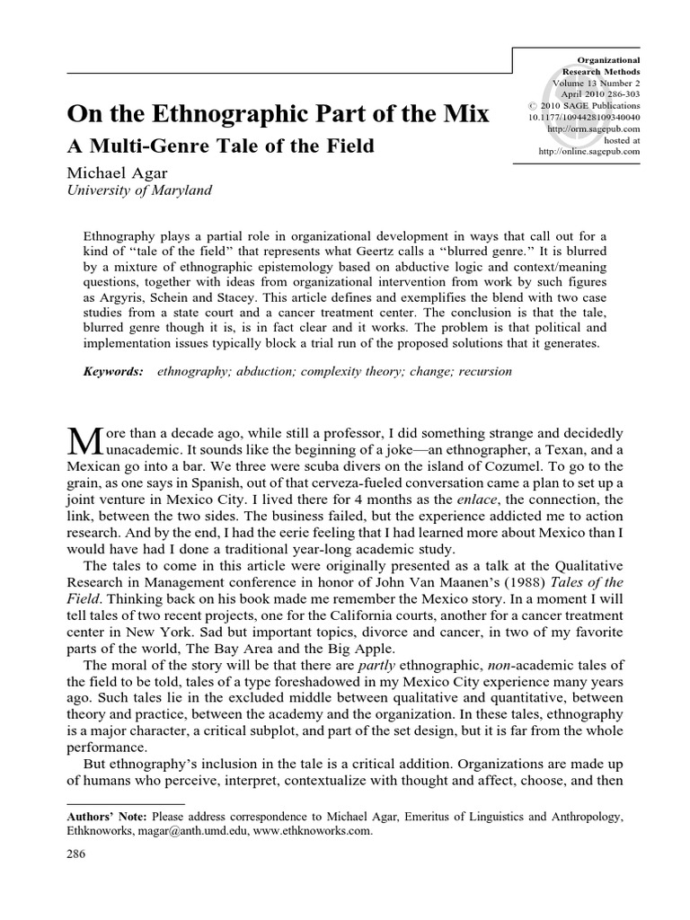 AGAR, Michael - On The Ethnographic Part of The Mix | PDF | Ethnography | Inductive Reasoning