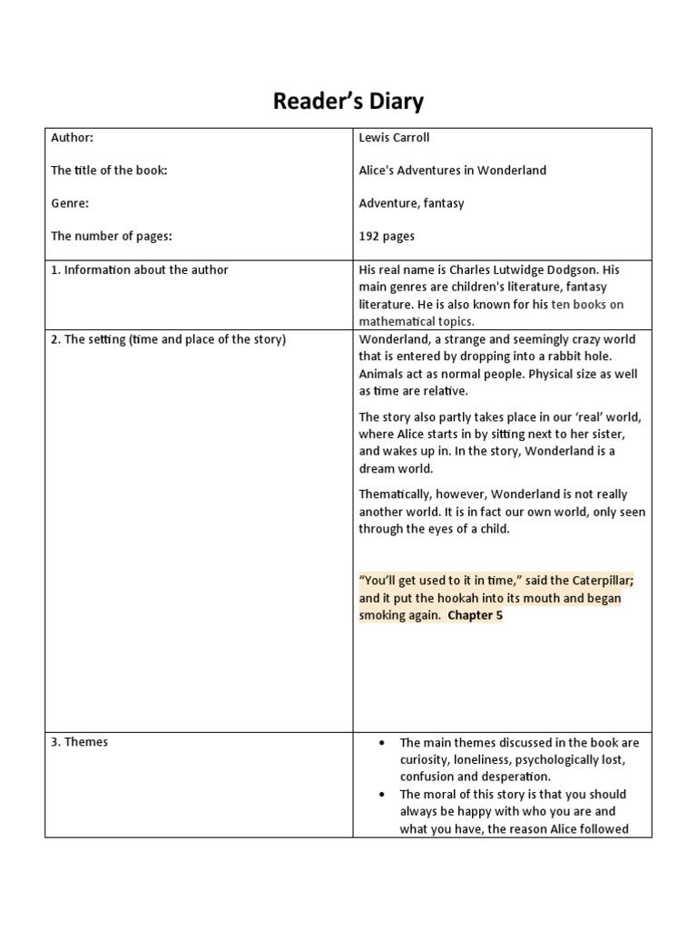 Readers Diary | Download Free PDF | Lewis Carroll | Alice (Alice's ...