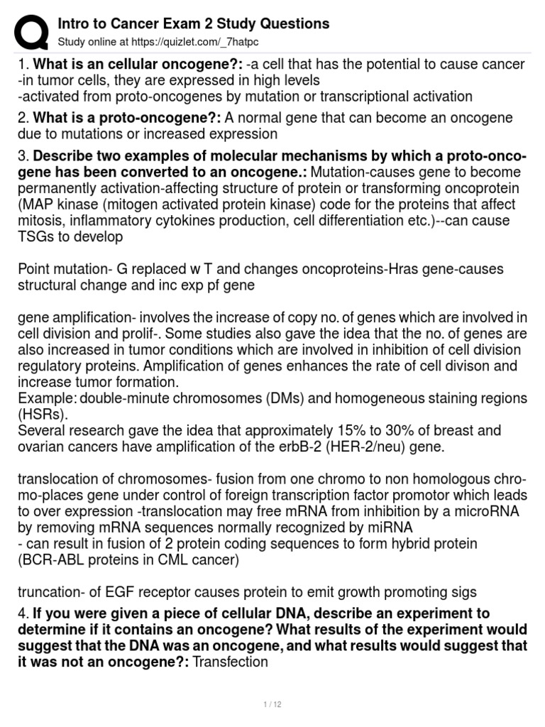 Intro To Cancer Study Questions-1 | PDF | Science & Mathematics