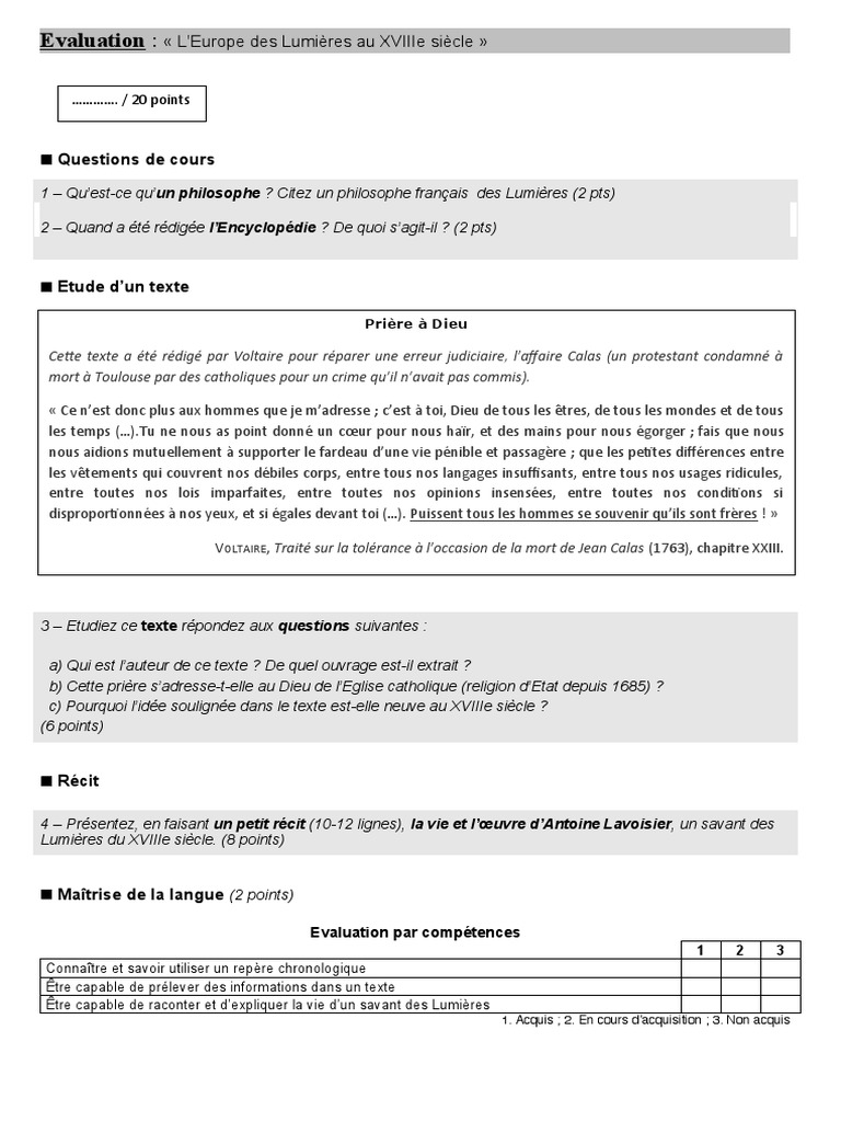 Évaluation : L'Europe des Lumières 4ème | PDF | Siècle des Lumières ...