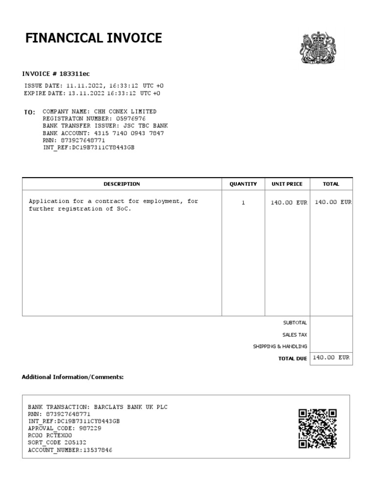 Invoice TBC CHH Conex LTD | PDF | Payments | Market (Economics)