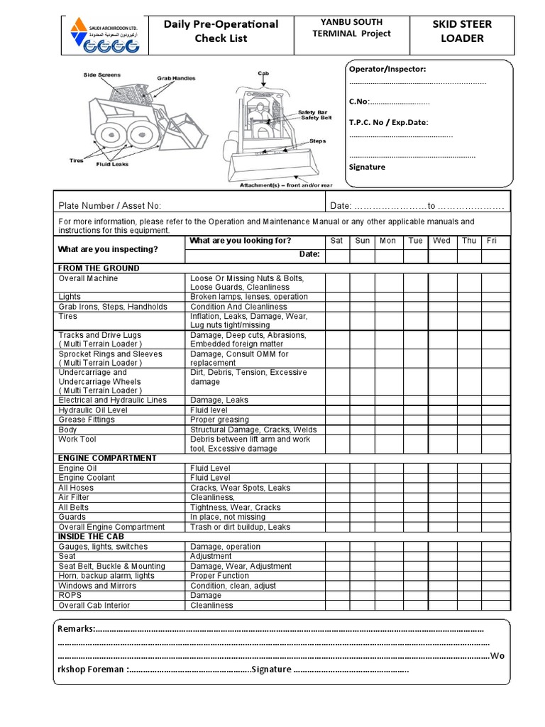 Daily Pre-Operationla Check List (Skid Loader) | PDF | Loader ...