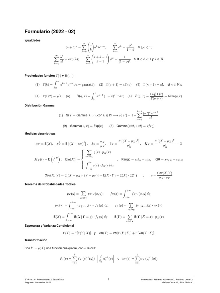 Formulas para Probabilidades y Estadísticas | PDF | Distribución normal ...