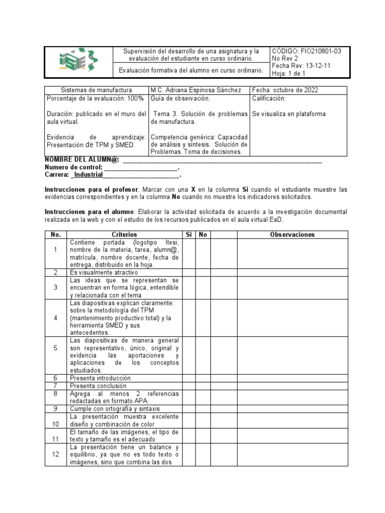 Guía de Observación Presentación TPM y SMED | PDF | Evaluación | Ciencia cognitiva