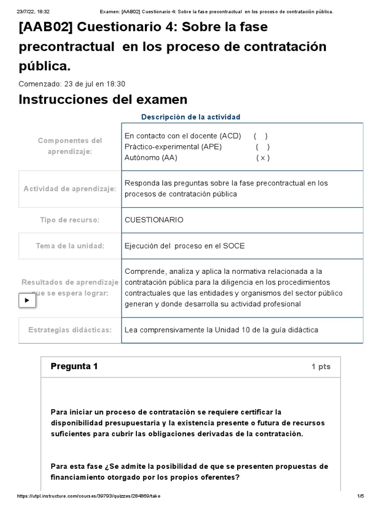 Examen - (AAB02) Cuestionario 4 - Sobre La Fase Precontractual en Los Proceso de Contratación ...