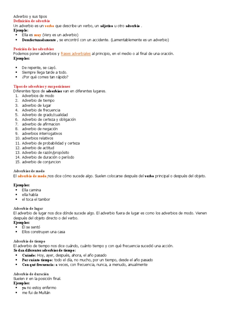 Adverbio y Sus Tipos | PDF | Adverbio | Verbo