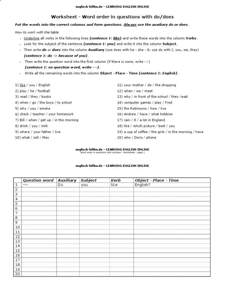 Worksheet Word Order Questions Do en PDF | PDF | English Language ...