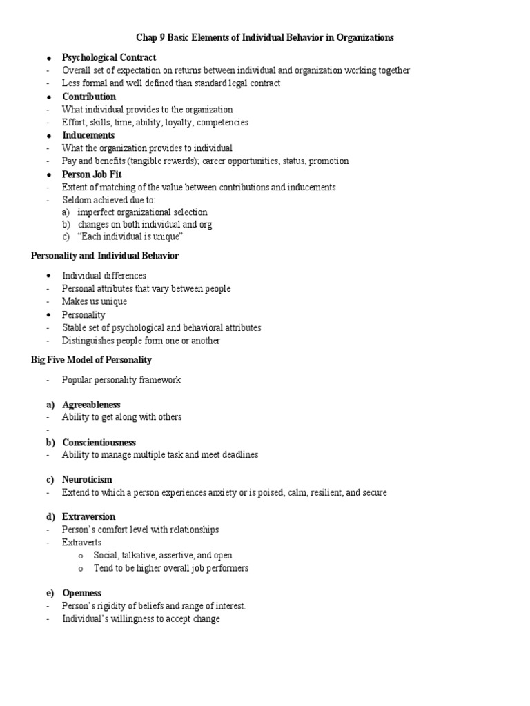 Chap 9 Basic Elements of Individual Behavior in Organizations | PDF ...