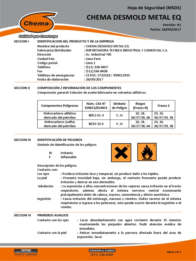 Hoja de Seguridad CHEMA DESMOLD METAL EQ | PDF | Agua | Solubilidad