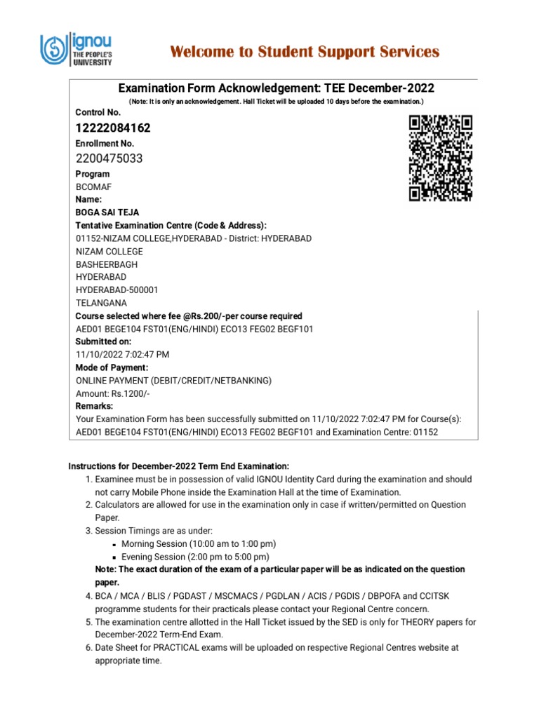 IGNOU - Examination Form Acknowledgement | PDF