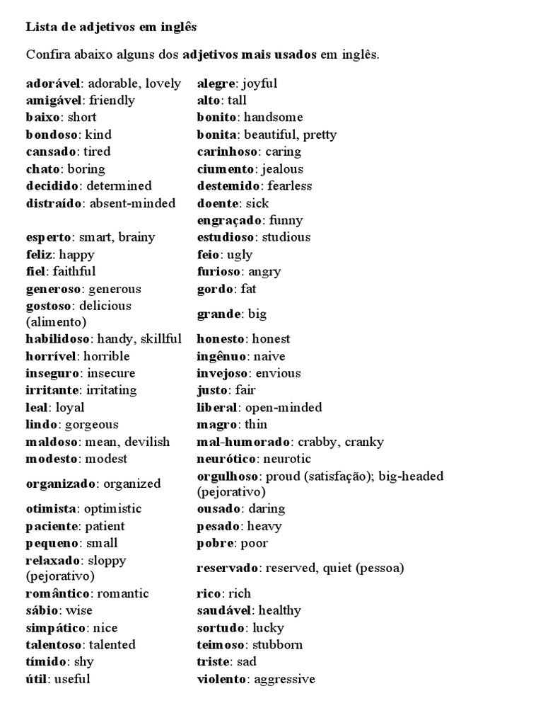 Lista de Adjetivos em Inglês | PDF