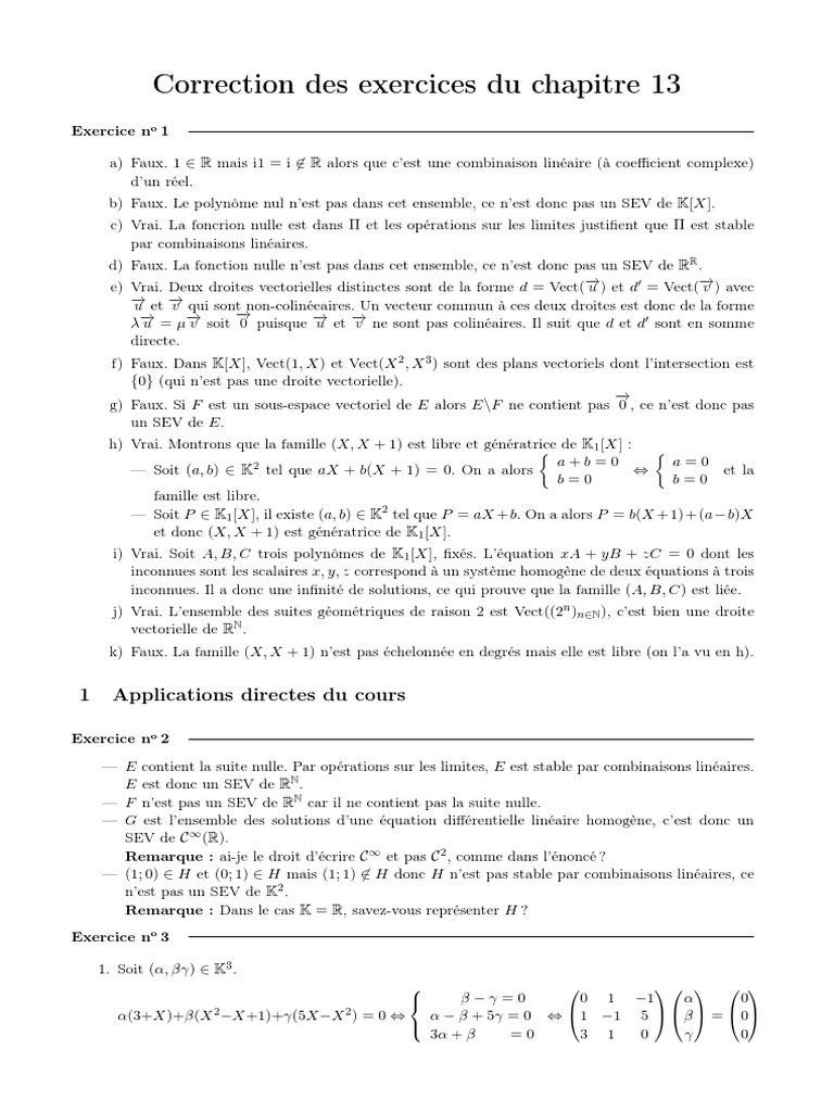 Exercices corrigés sur les combinaisons linéaires | PDF | Base (algèbre ...