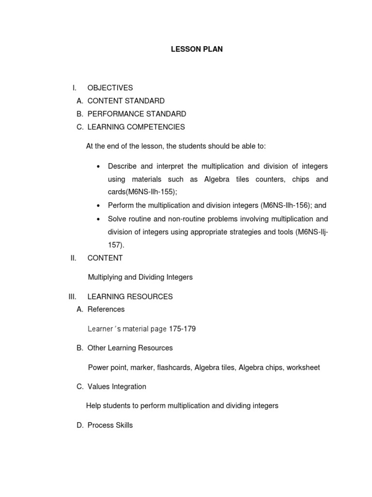 Lesson Plan on Multiplying and Dividing Integers | PDF