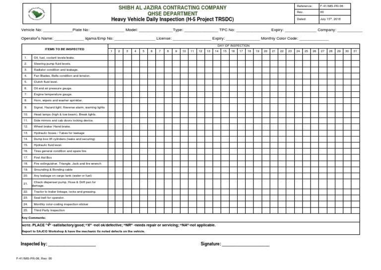 Daily Heavy Vehicle Inspection Report for H-5 Project from Shibh Al ...