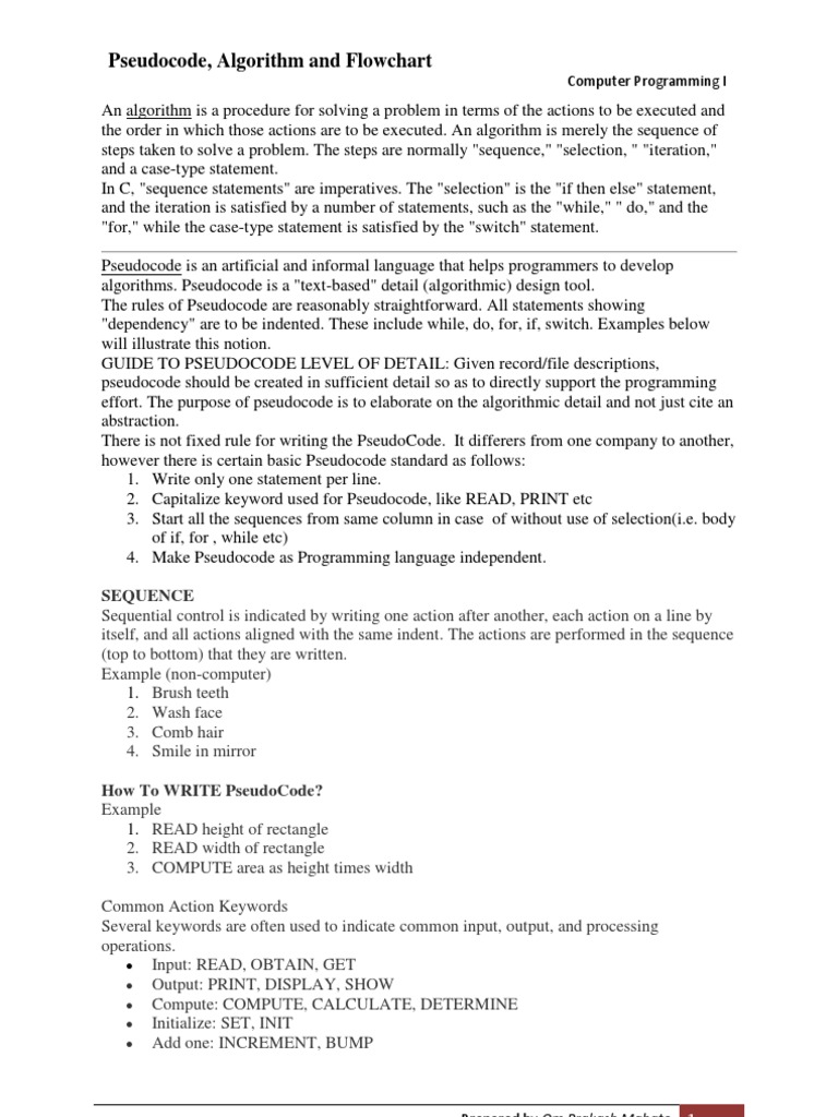 Pseudo Code Algorithm Flowchart Pdf Control Flow Subroutine 8882