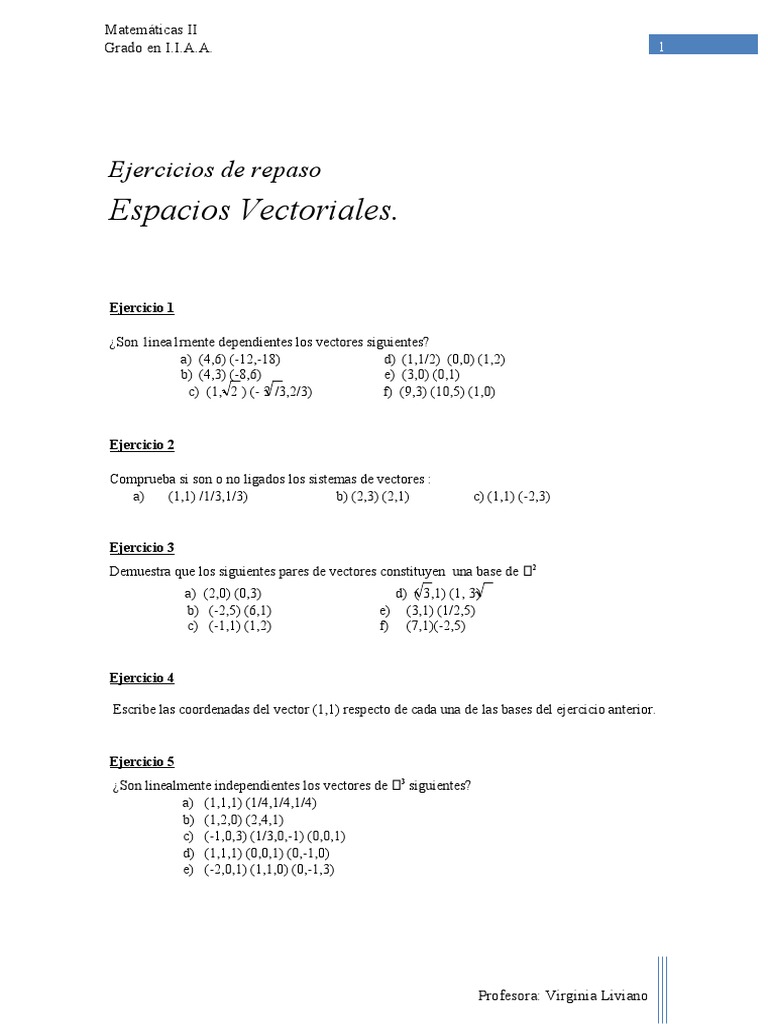 Ejercicios Espacios Vectoriales Pdf Valores Propios Y Vectores