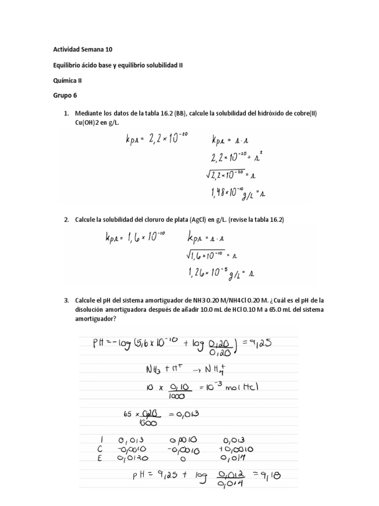 Actividad Semana 10 - QII - G6 | PDF | Solubilidad | Ph