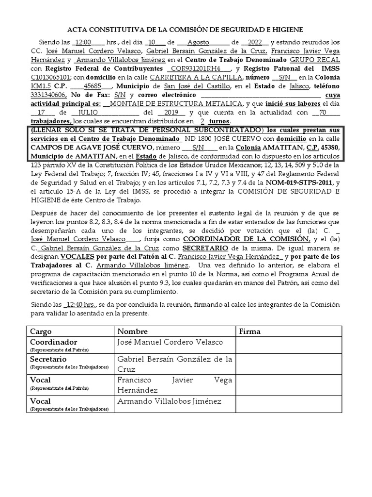 Acta De Comisión De Seguridad E Higiene Pdf