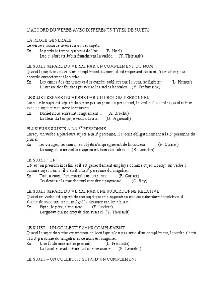Accord du verbe et types de sujets | PDF | Nombre grammatical | Phrase