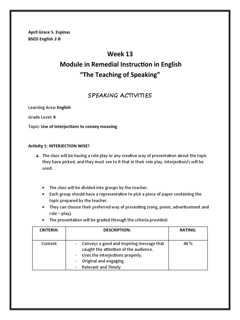 Week 13 - LESSSON ON SPEAKING | PDF | Learning | Linguistics