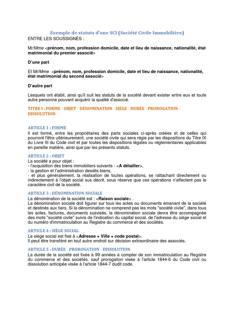 Exemples de statuts pour SCI | PDF | Droit