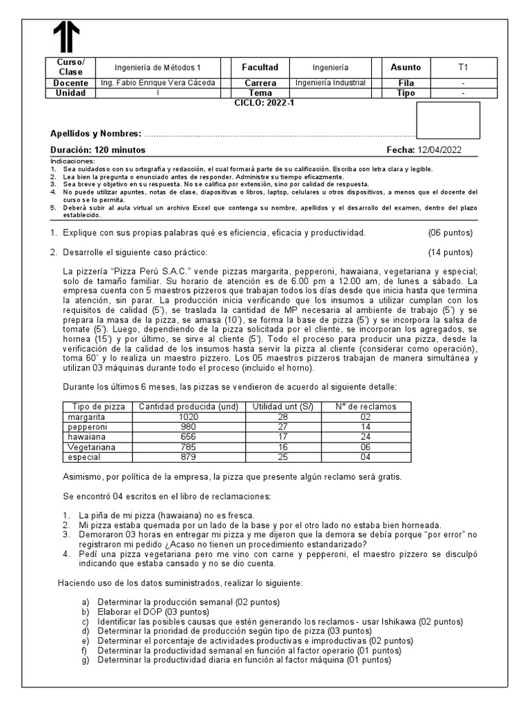 Examen T1 - B | PDF | Pizza | Prueba (evaluación)