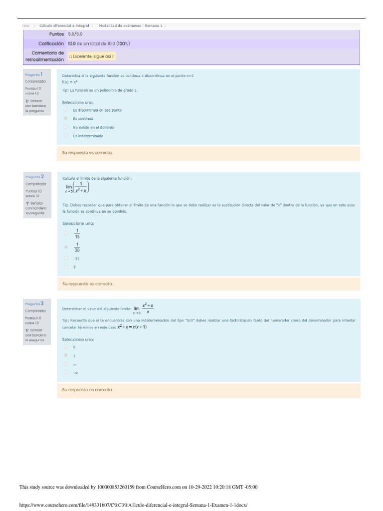 C Lculo Diferencial e Integral Semana 1 Examen 1 1 | PDF