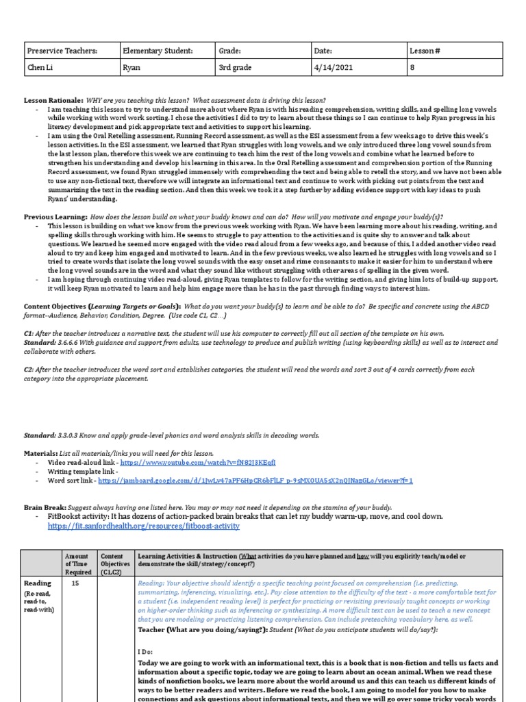 Chen Lesson Plan 8 3rd Grade | PDF | Reading Comprehension | Linguistics