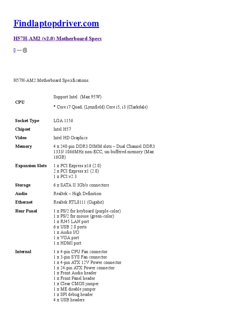 H57H-AM2 (v2.0) Motherboard Specs | PDF