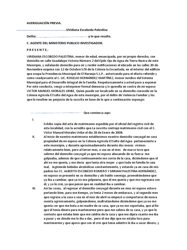 Querella de Violencia Familiar | PDF | Queja | Ley común