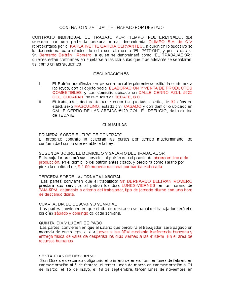 Contrato Por Destajo Bernaro Beltran | PDF | Salario | Personal