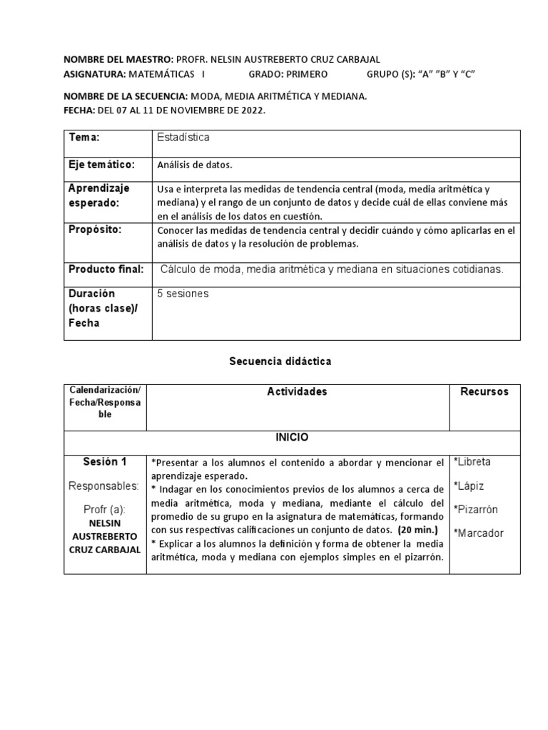 Planeación Matemáticas 1 Pdf Mediana Science
