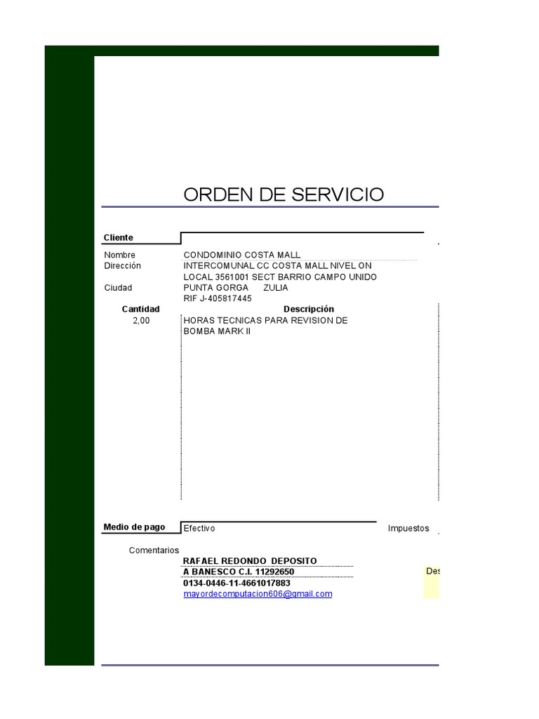 Orden de Servicio: Efectivo Cheque | PDF