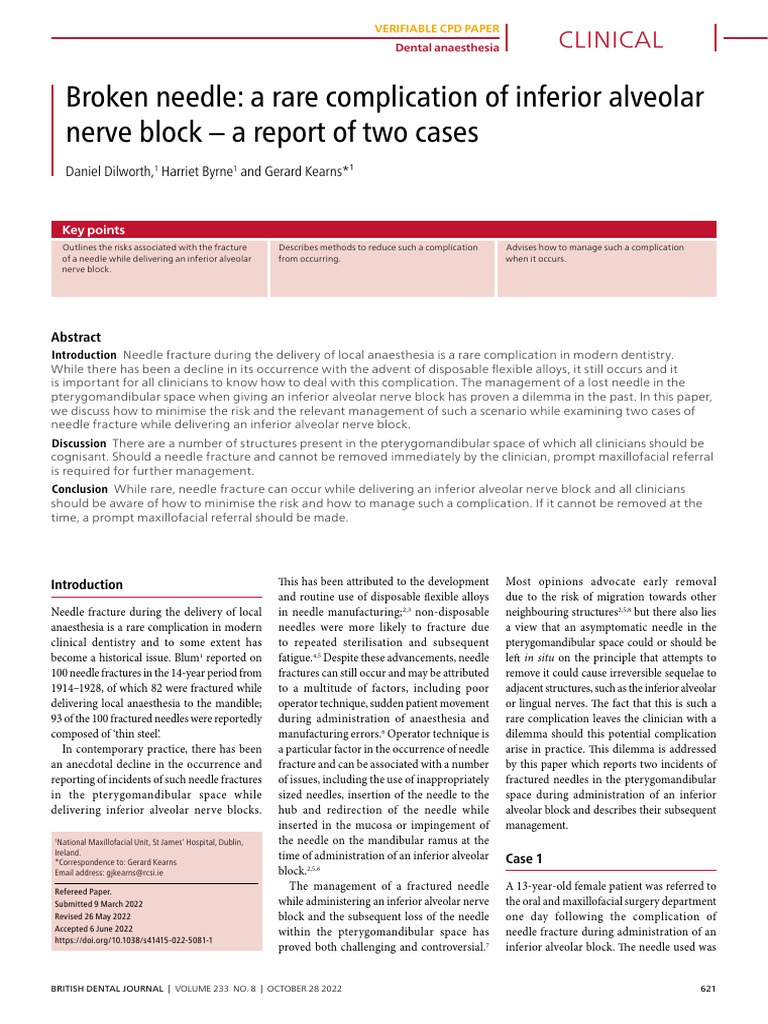 Broken Needle - A Rare Complication of Inferior Alveolar Nerve Block - A Report of Two Cases ...