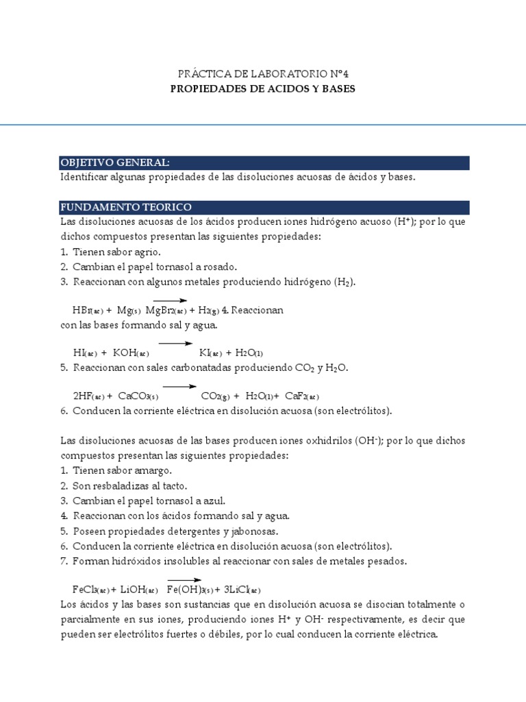 Practica de Laboratorio, Acidos y Bases | PDF | Sal (química) | Ácido