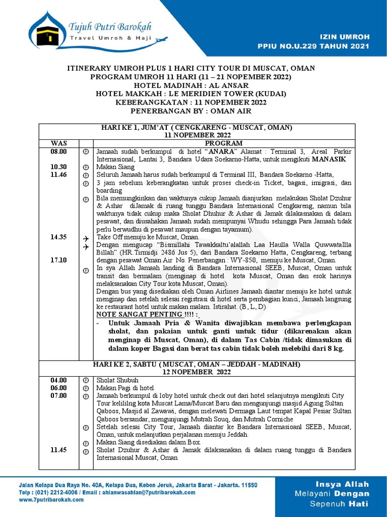 Itinerary Umrah by Oman Plus City Tour Oman & Thaif Hotel Al Ansar & Le Meridien Tower Kudai 11 ...