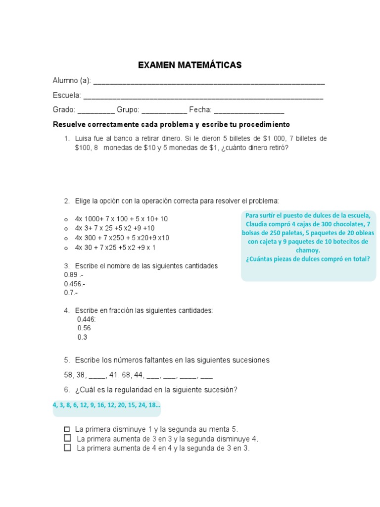 Examen de Matemáticas Básicas | PDF | Cocina, comidas y vino | Hogar ...