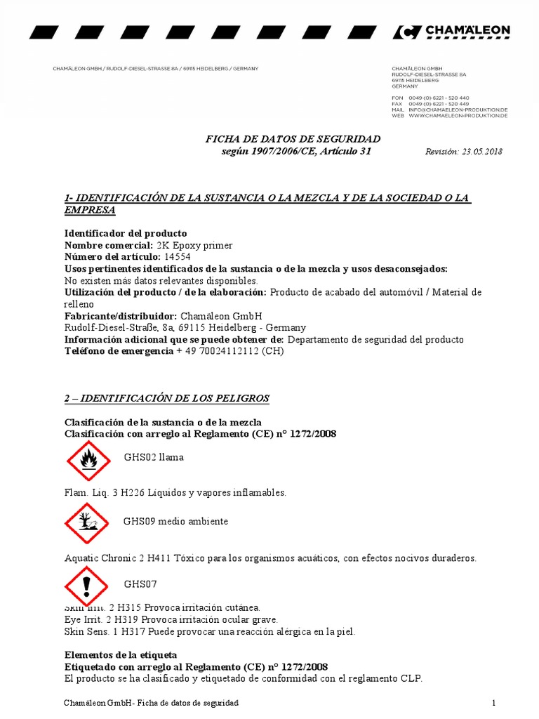 Ficha de Seguridad 2K Epoxy Primer Chamäleon | PDF | Agua | Residuos