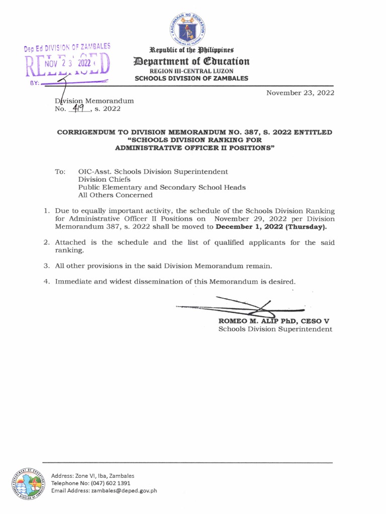 DM No. 419, S. 2022 - Corrigendum To Division Memorandum No. 387, S ...