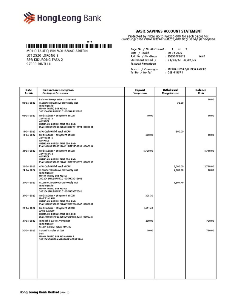 Monthly Bank Statement for Mohd Taufiq Bin Mohamad Ariffin | PDF ...