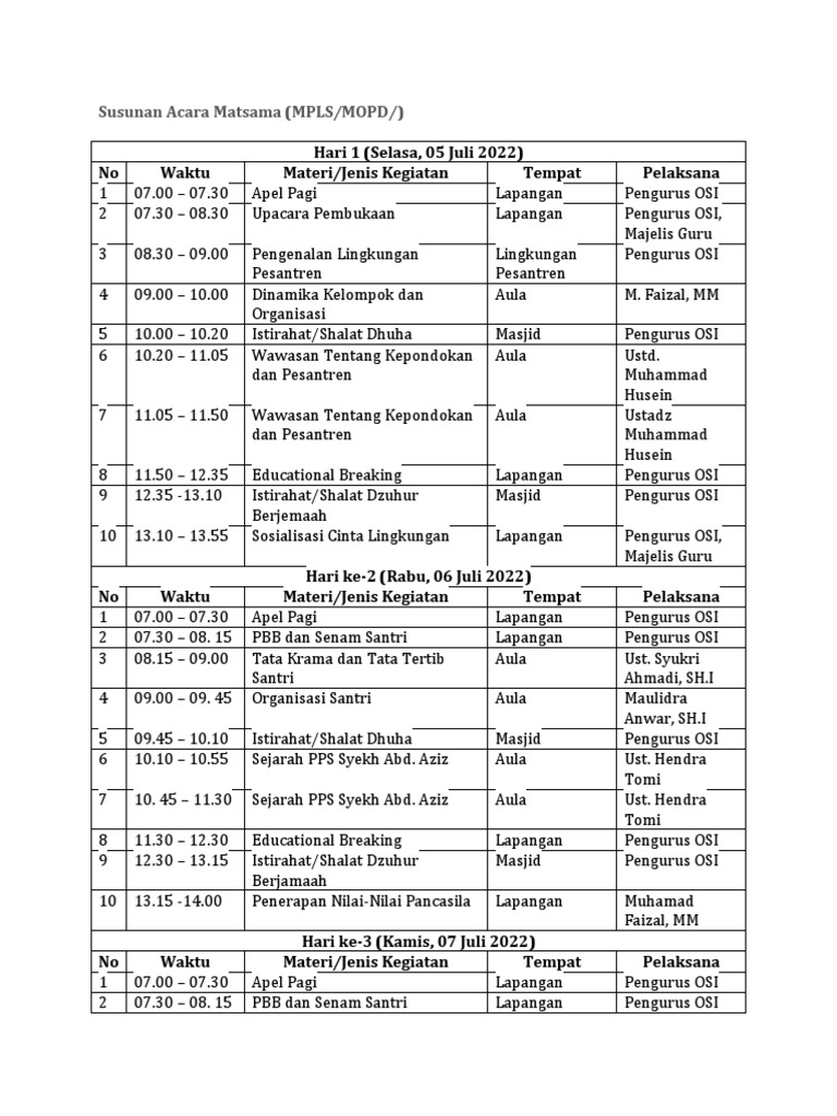 Susunan Acara Matsama-MPLS PPS Syekh Abdul Aziz | PDF