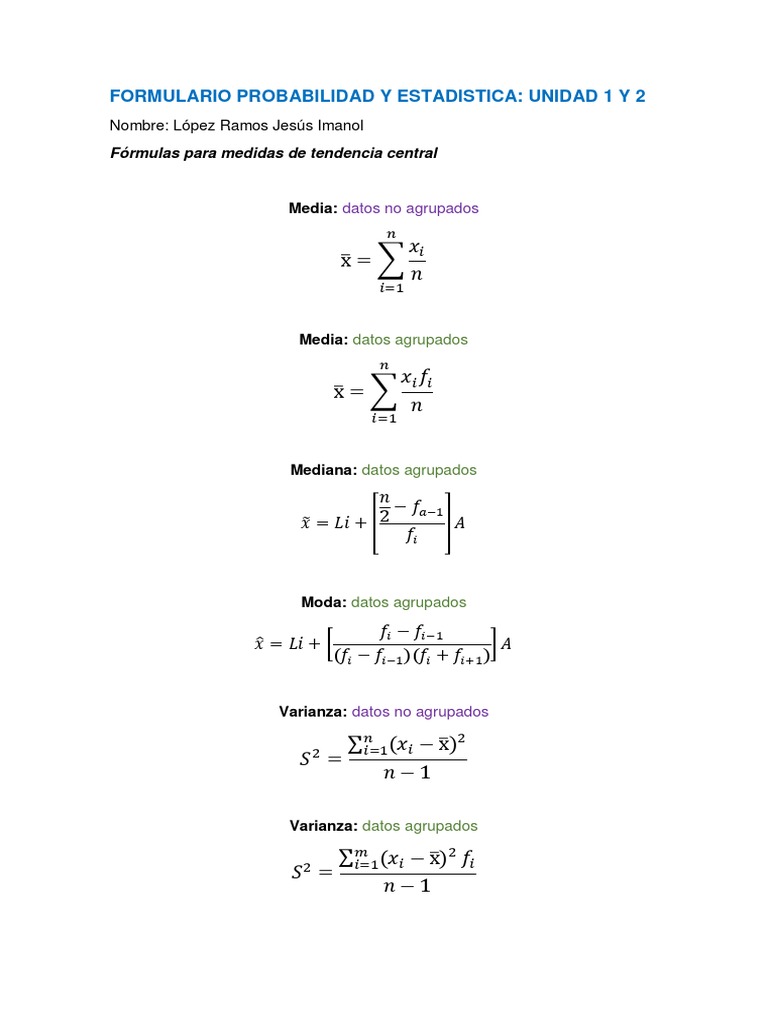 FORMULARIO PROBABILIDAD Y ESTADISTICA Unidad 1 y 2 | PDF | Media | Análisis