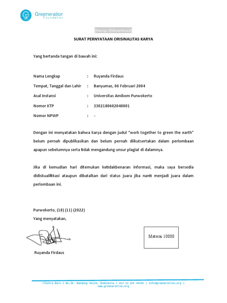 Surat Pernyataan Orisinalitas Karya | PDF