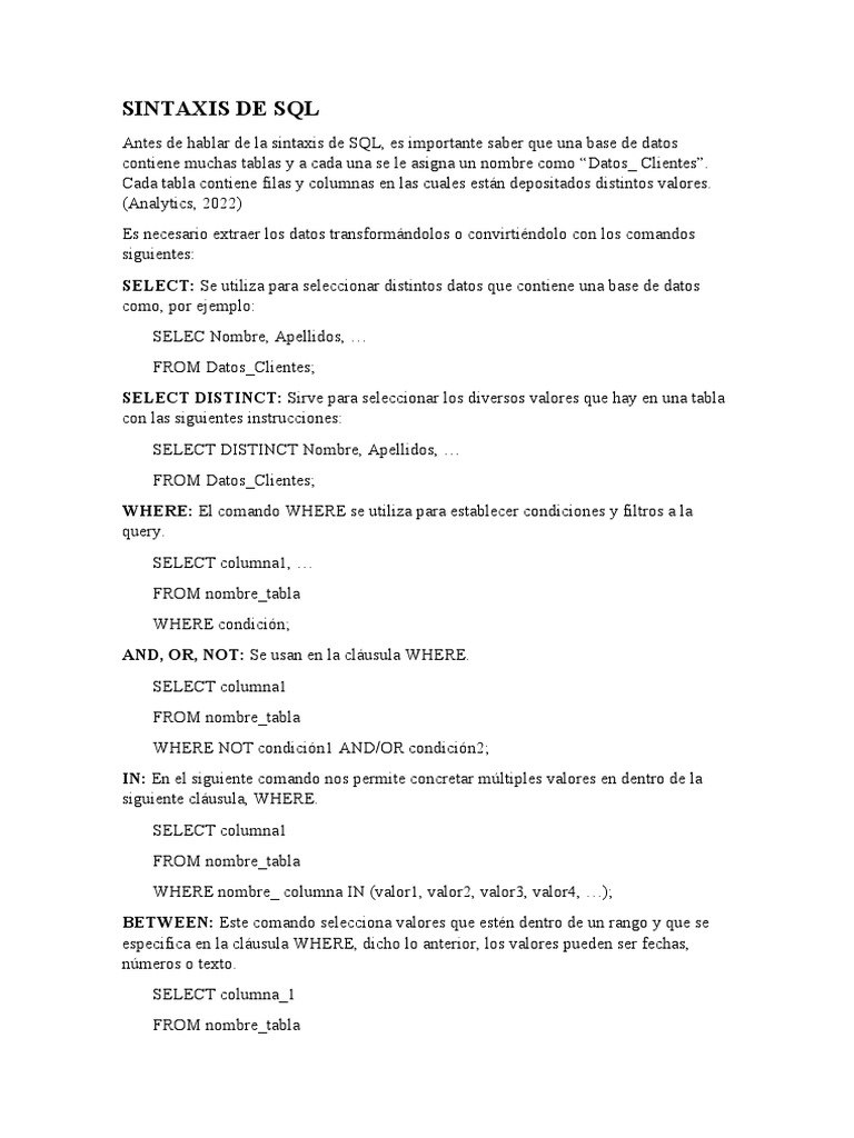 Comandos SQL: Guía de Sintaxis Básica | PDF | SQL | Tecnologías de la información