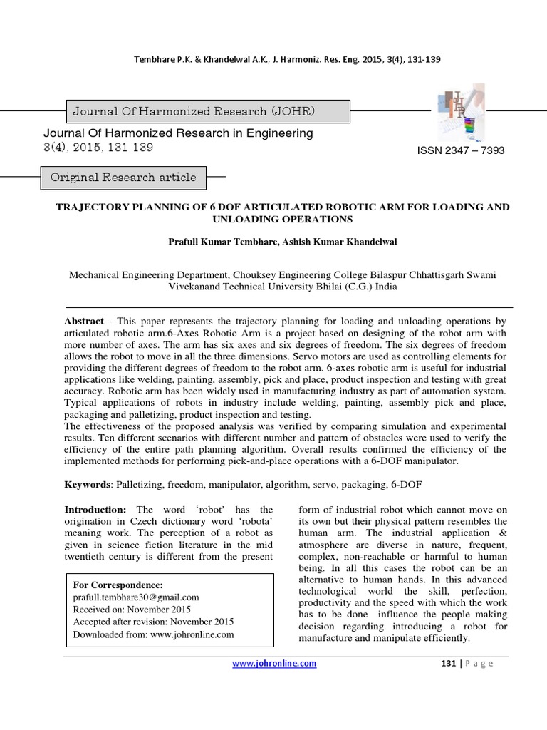 Trajectory Planningof 6 DOFArticulated Robotic Arm | PDF | Kinematics | Robotics