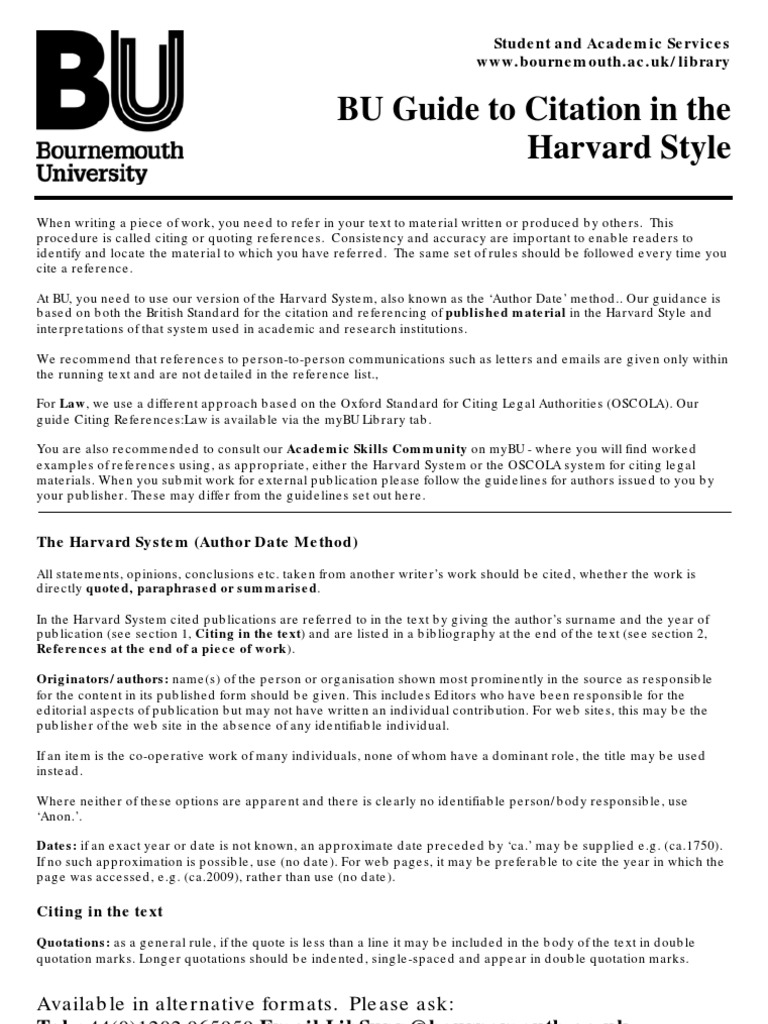 BU Guide To Citation in The Harvard Style: Available in Alternative ...